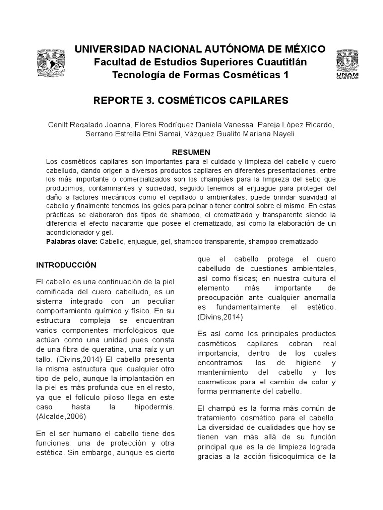 Reporte 3. Cosméticos Capilares | PDF | Tensioactivo | Pelo