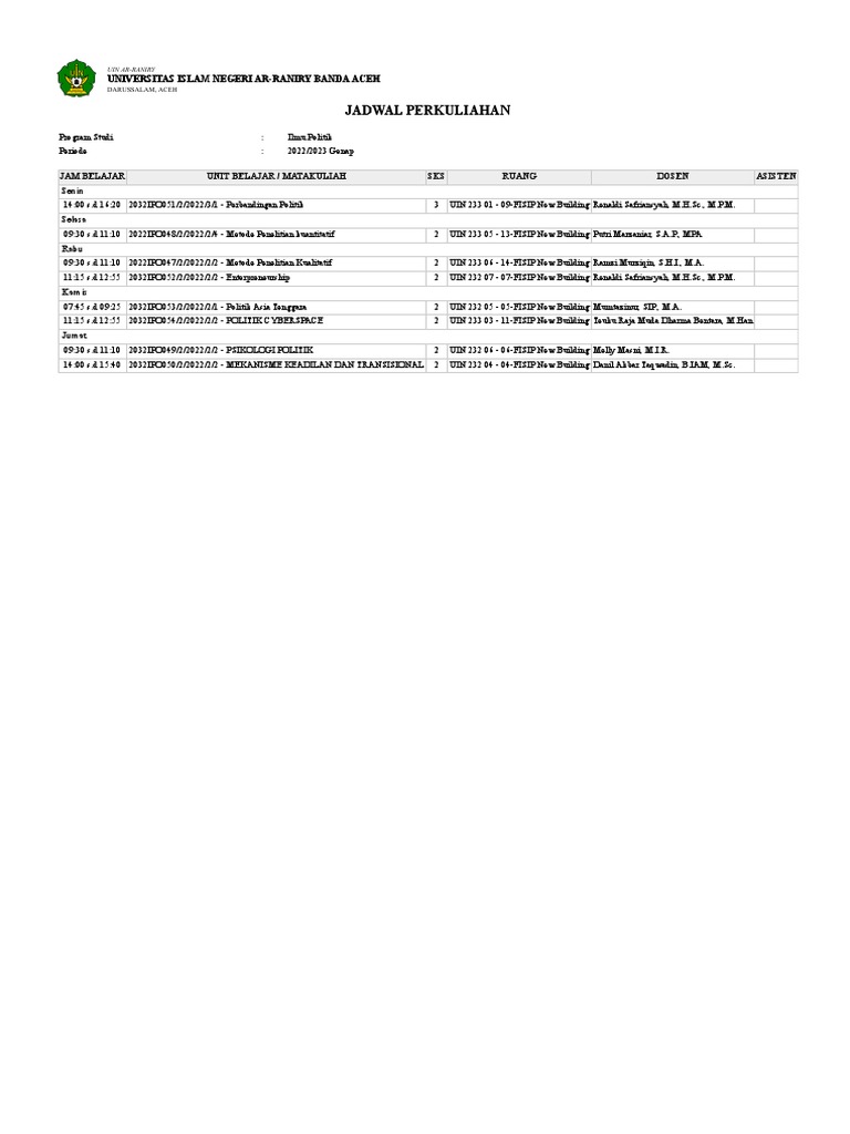 Roster Jadwal Perkuliahan 2 | PDF