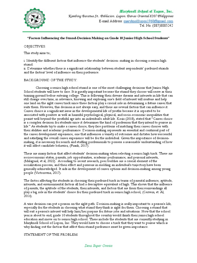 Factors Influencing Grade 10 Students' Decision-Making Regarding Their ...
