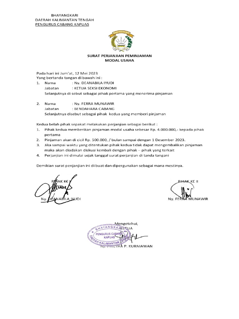 Surat Perjanjian Peminjaman Modal Usaha Pdf