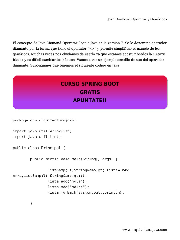 Java Diamond Operator y Genéricos | PDF | Java (lenguaje de programación) | Ingeniería de Sistemas
