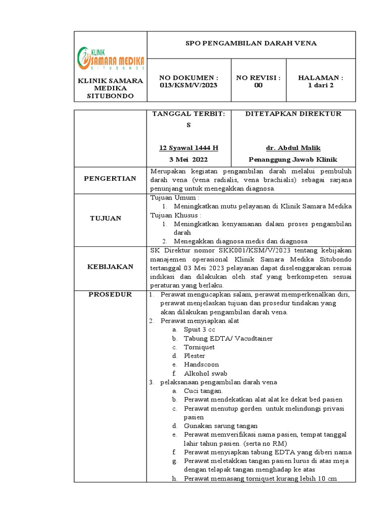 SPO PENGAMBILAN DARAH VENA GHESY | PDF