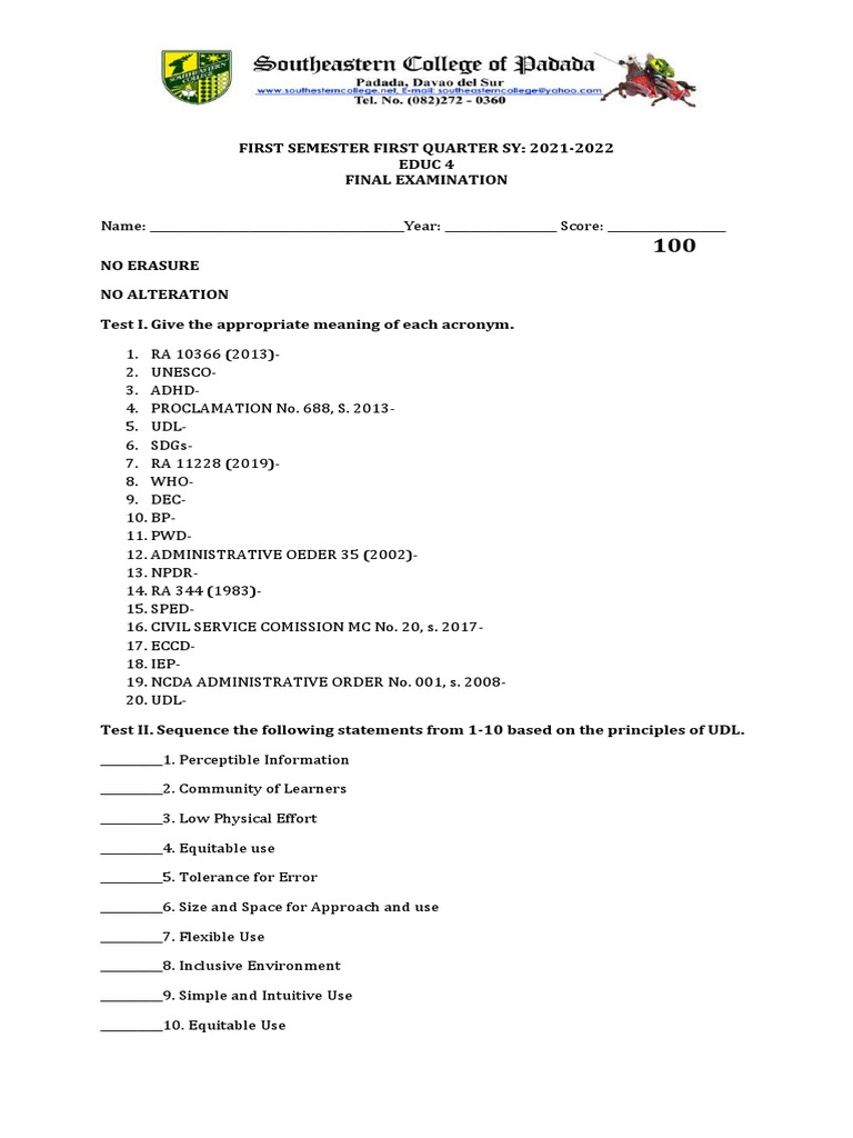 Educ 4 Final Exam | PDF | Learning Disability | Learning