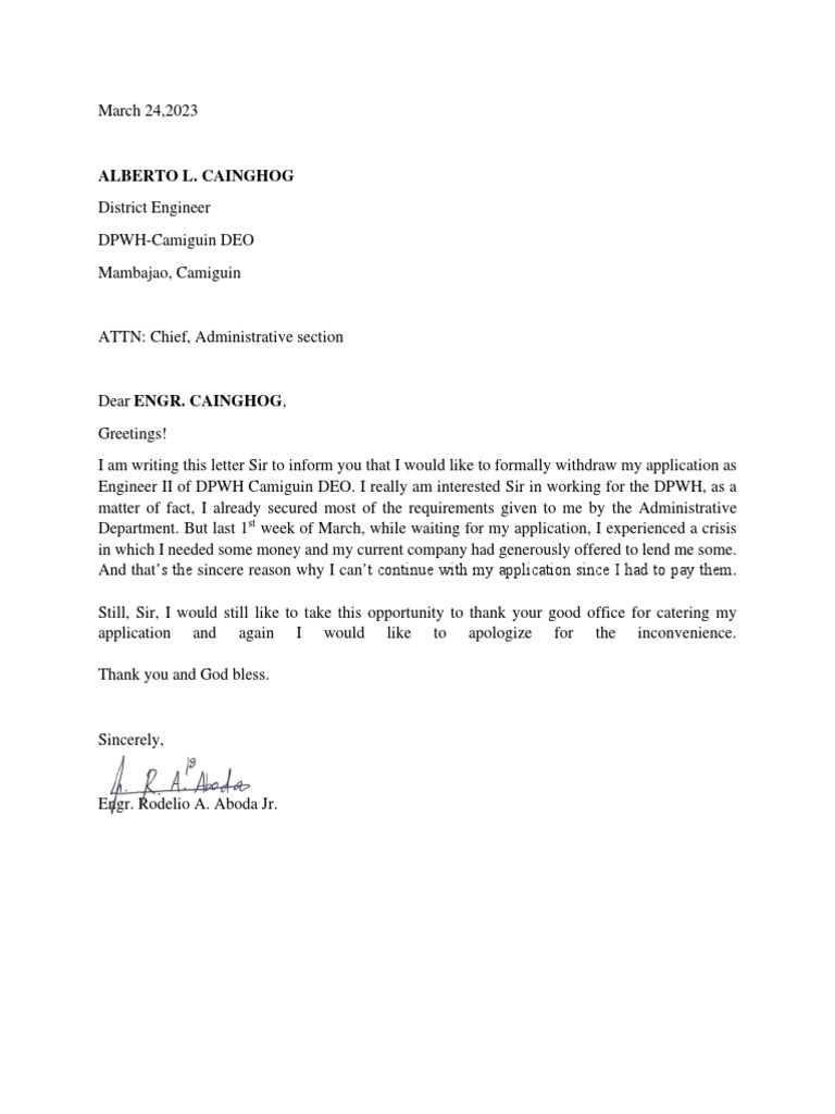 Withdrawal of Application Letter | PDF | Career & Growth
