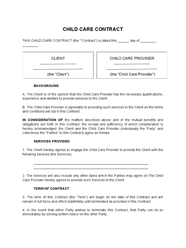 Child Care Contracts | PDF | Indemnity | Damages