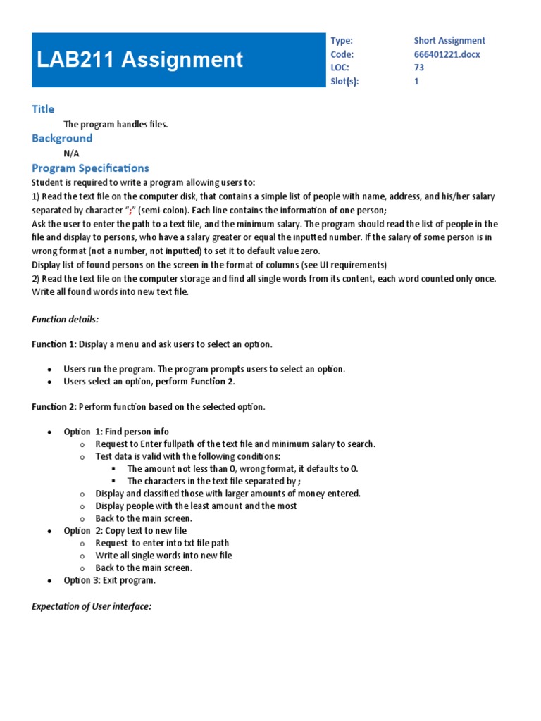 LAB211 Assignment: Title Background Program Specifications | PDF | Computer File | Programming