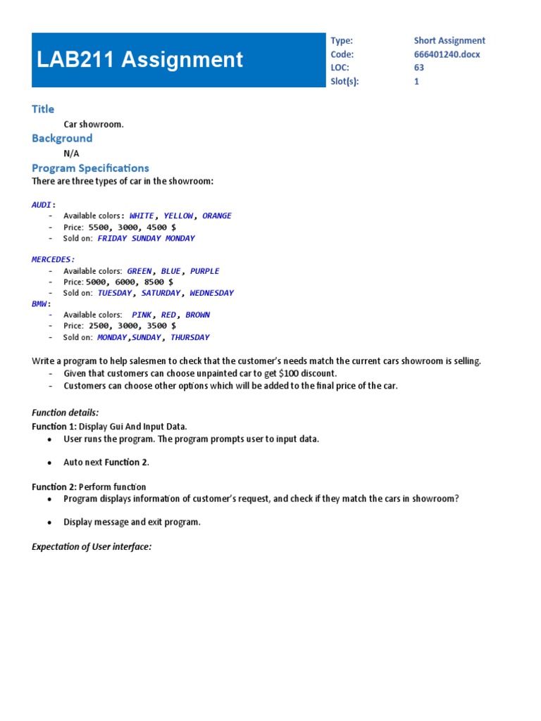 LAB211 Assignment: Title Background Program Specifications | PDF