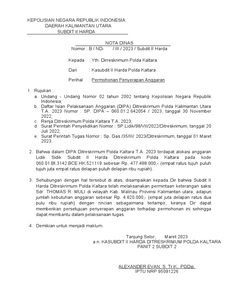 Permohonan Anggaran Subdit II Harda | PDF