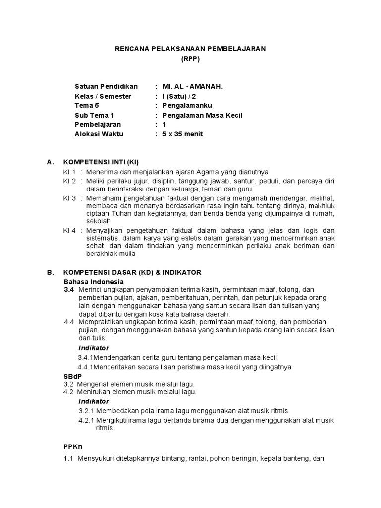 Rpp Kelas 1 Pengalaman Masa Kecil Pdf