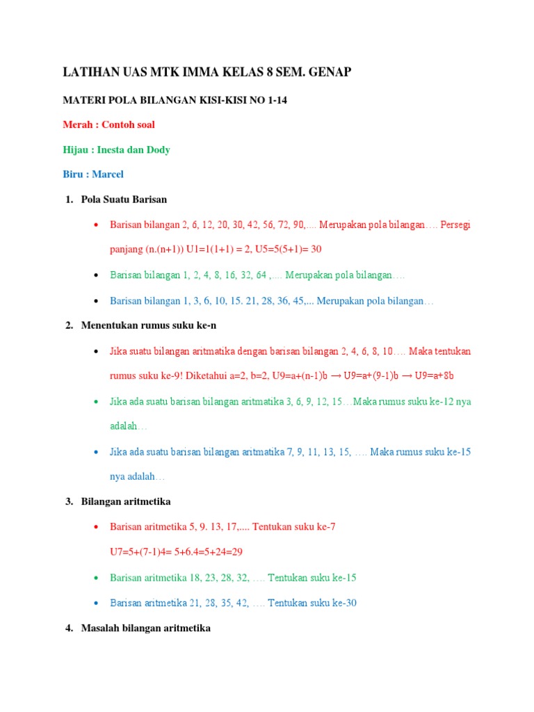 Latihan Uas MTK Imma 2 Viii Pola Bilangan | PDF