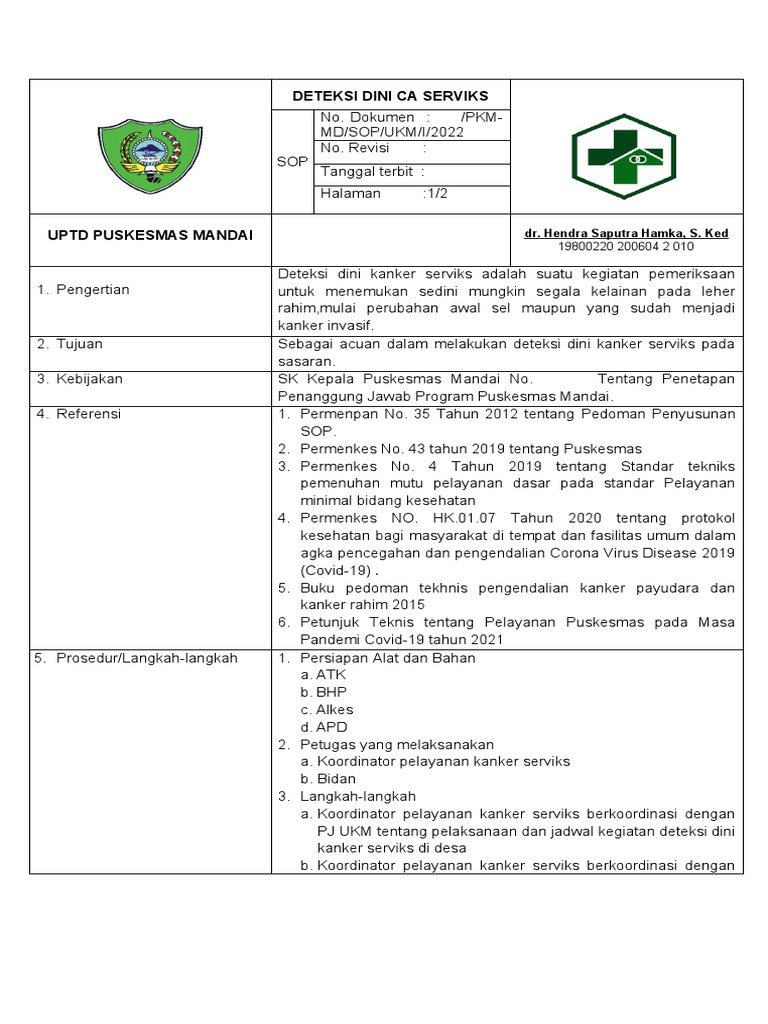 1) Sop Deteksi Dini Ca Serviks | PDF