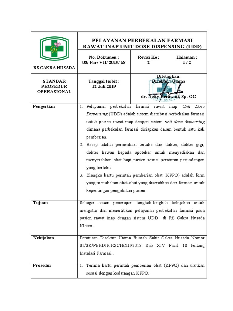 68 - Spo Pelayanan Perbekalan Farmasi Rawat Inap Unit Dose Dispensing ...