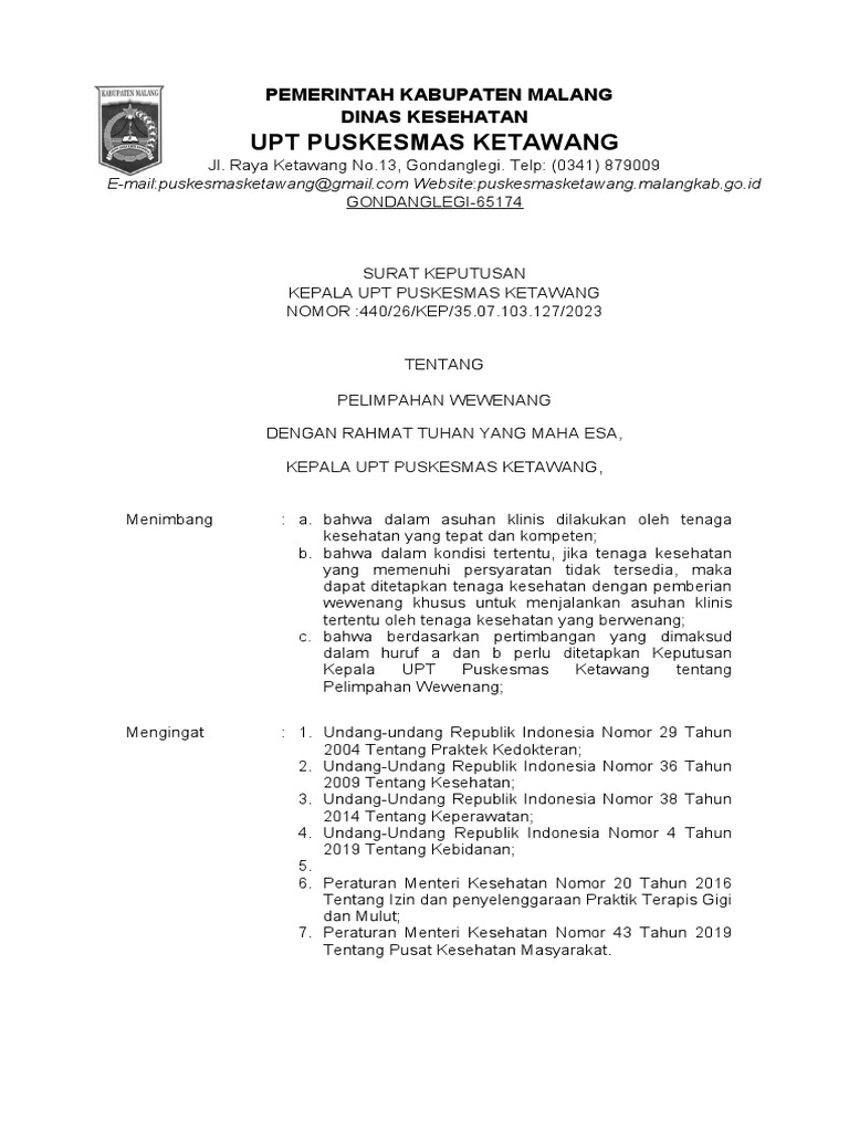 Pelimpahan Wewenang Puskesmas Ketawang | PDF