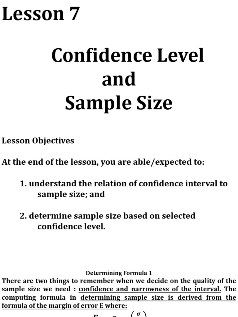 PDF Lesson 7 Confidence Level and Sample Size | PDF | Sample Size Determination | Confidence ...