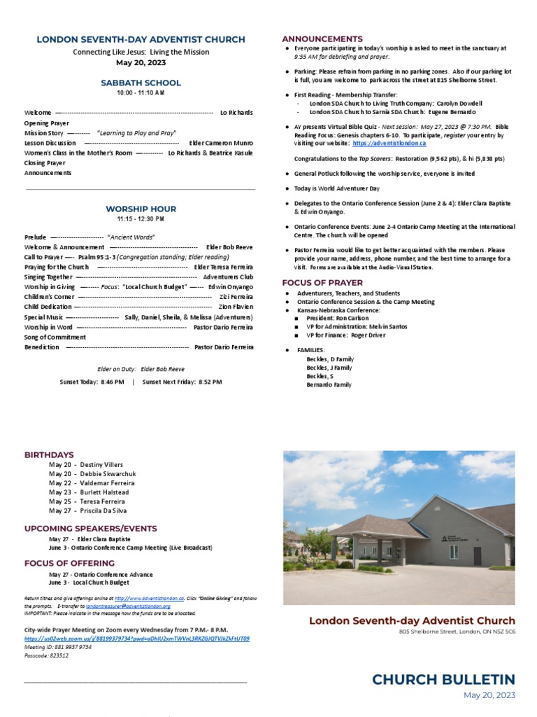 Church Bulletin - May 20 2023 | PDF | Seventh Day Adventist Church