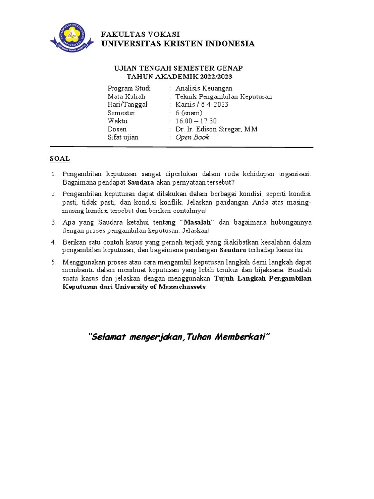 Soal UTS Teknik Pengambilan Keputusan - Genap 2022-2023 Salinan | PDF | Karier & Perkembangan ...