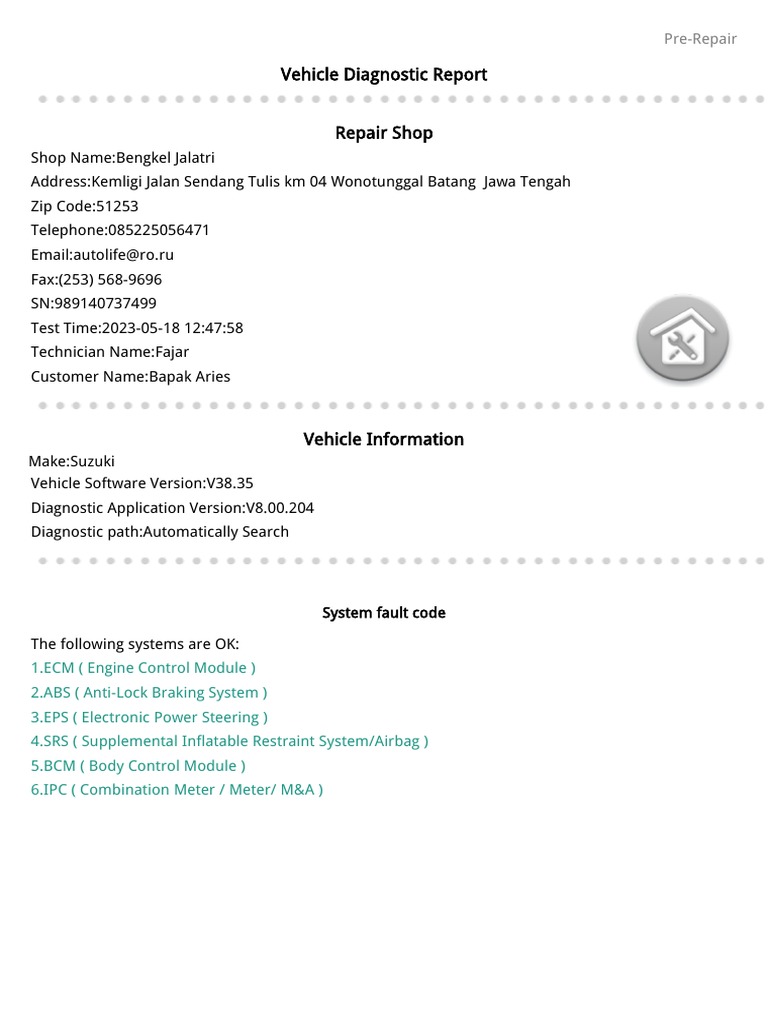 Vehicle Diagnostic Report: Pre-Repair | PDF
