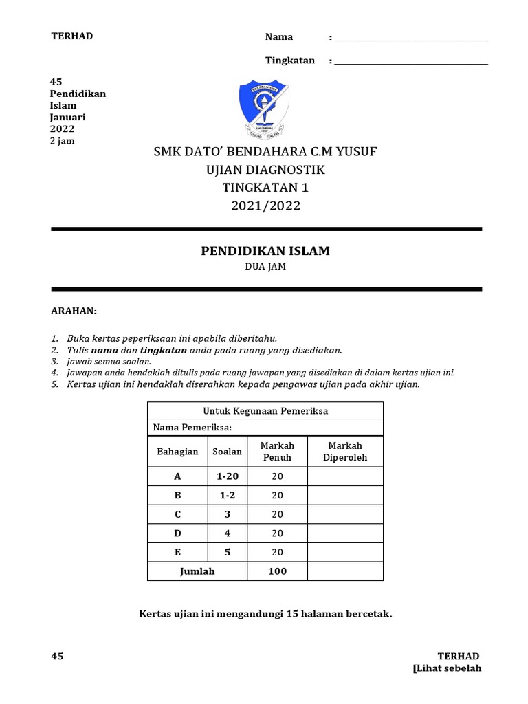 Cover Soalan Ujian Diagnostik 2021 Pdf