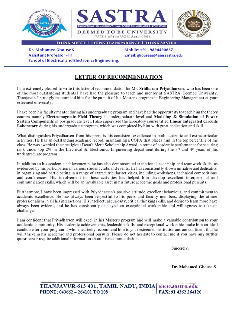 LOR - Ghouse Sir | PDF | Leadership | Mentorship