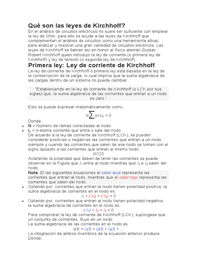 Leyes de Kirchhoff en Circuitos Eléctricos | PDF | voltaje | Corriente ...