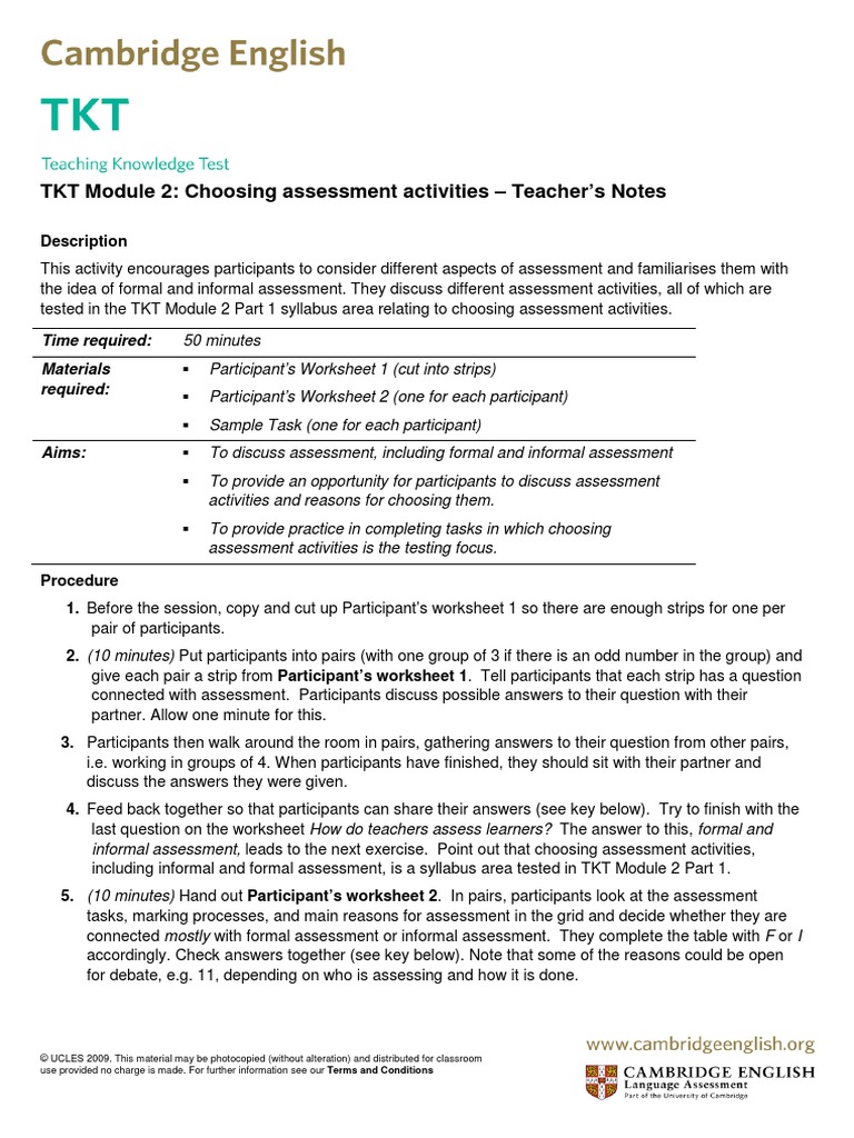 TKT Module 2 Choosing Assessment Activities | PDF | Educational Assessment | Teachers