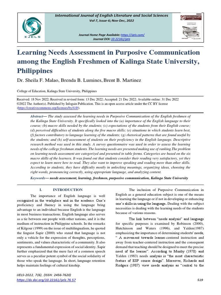 Learning Needs Assessment in Purposive Communication Among The English Freshmen of Kalinga State ...