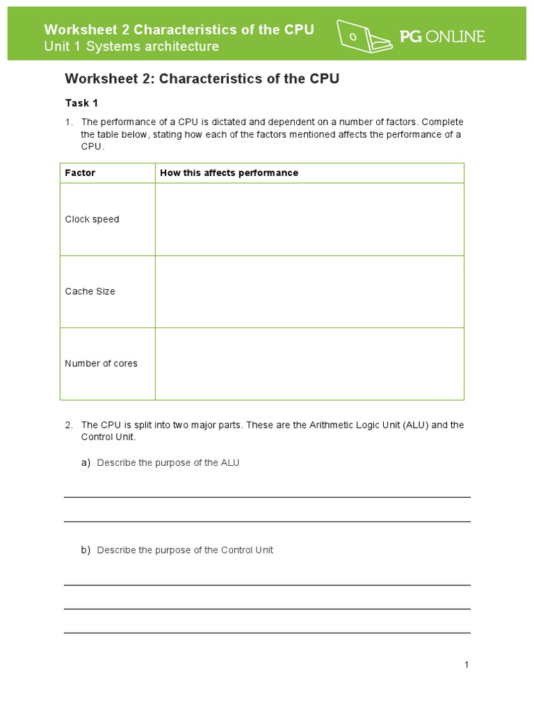 Year Nine CPU Characteristics Worksheet | PDF