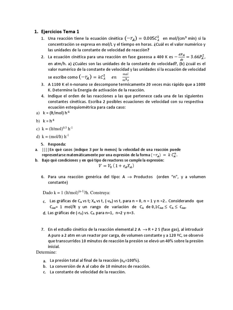 Abril 2023 Ejercicios Tema 1 | PDF | Velocidad de reacción | Cinética química