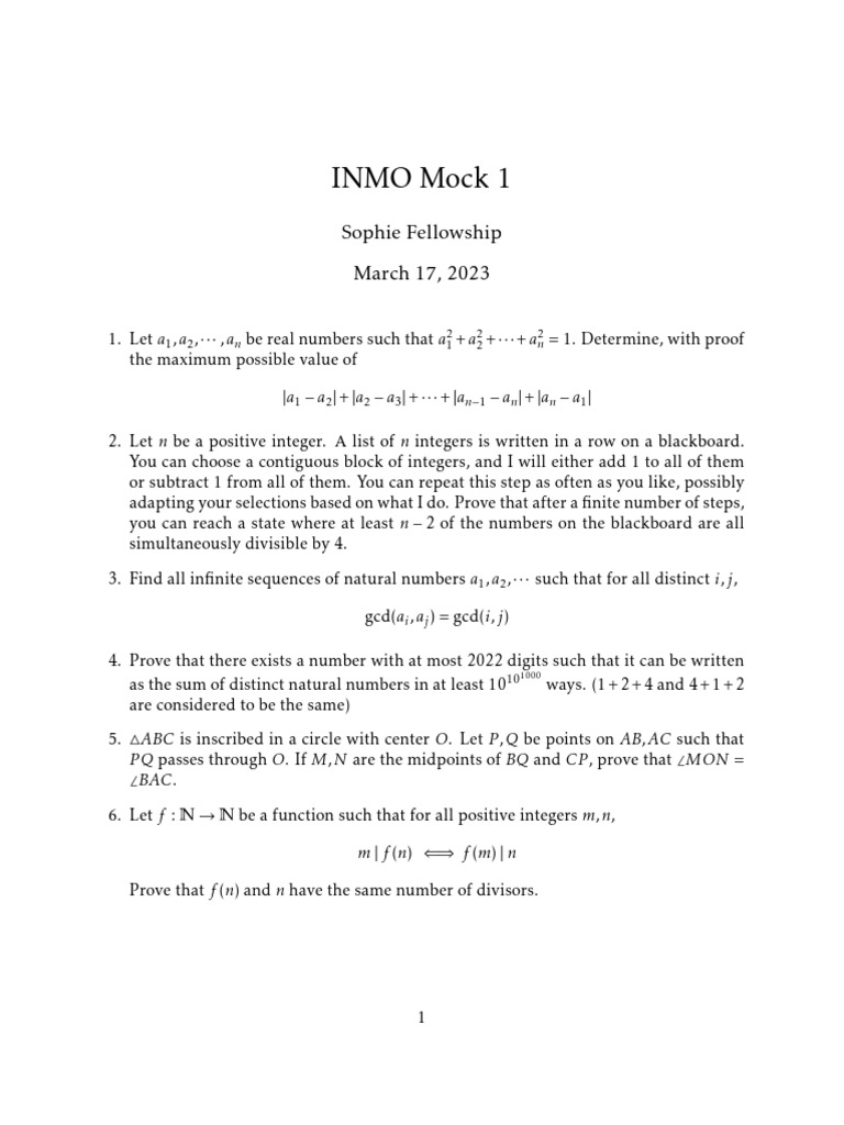 INMO Mock 1 | PDF