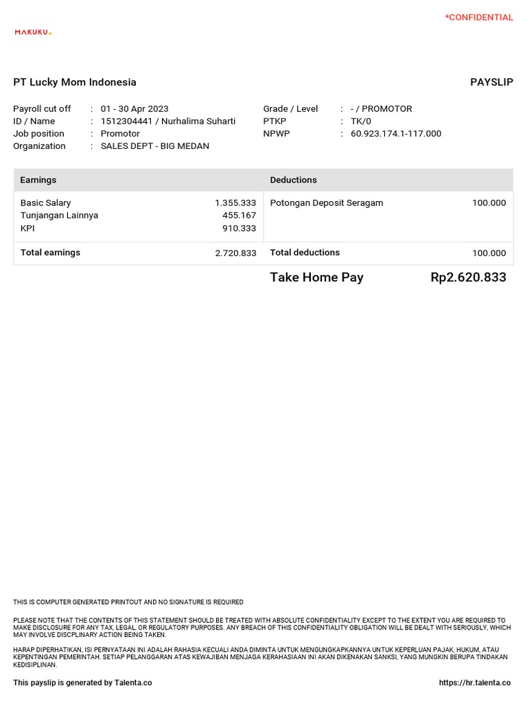 Payslip PT Lucky Mom Indonesia Apr 2023 Nurhalima Suharti | PDF