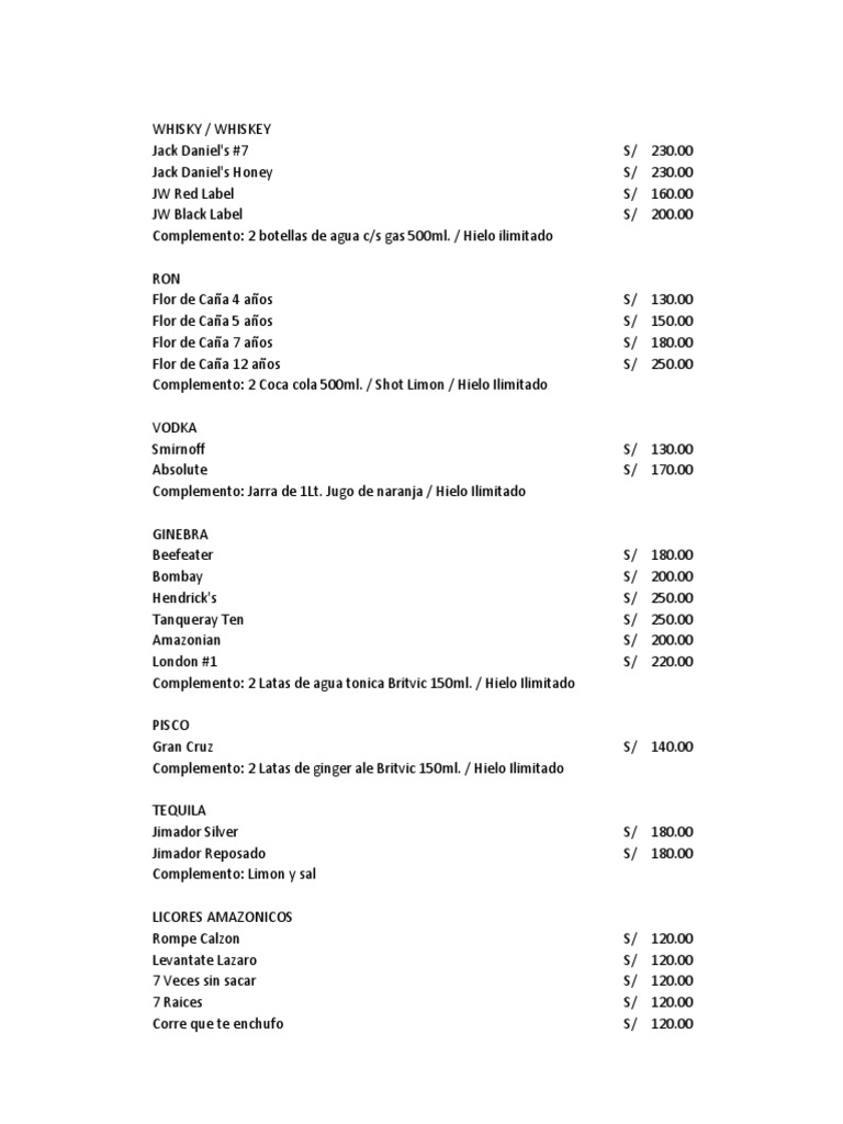 Carta Botellas | PDF | Alcohol | Bebidas Fermentadas