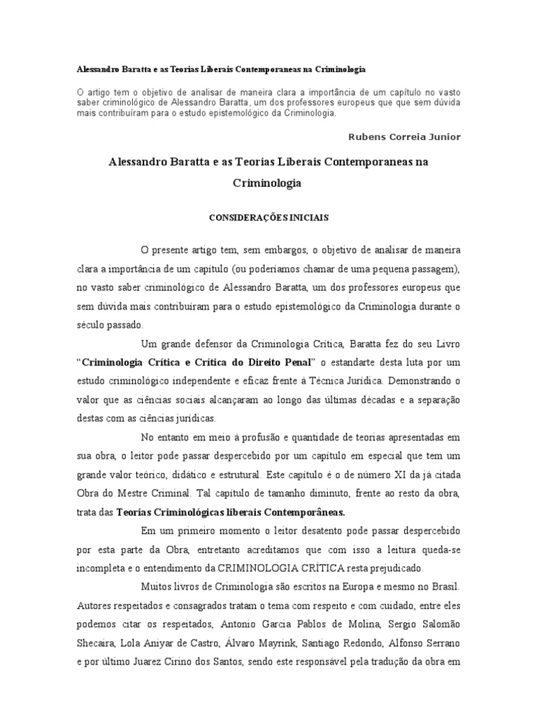 Alessandro Baratta e As Teorias Liberais Contemporaneas Na Criminologia ...