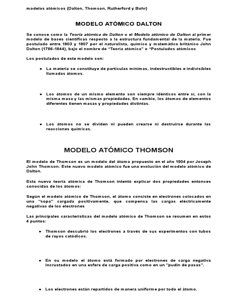 modelos atómicos (Dalton, Thomson, Rutherford y Bohr) | PDF | Átomos ...