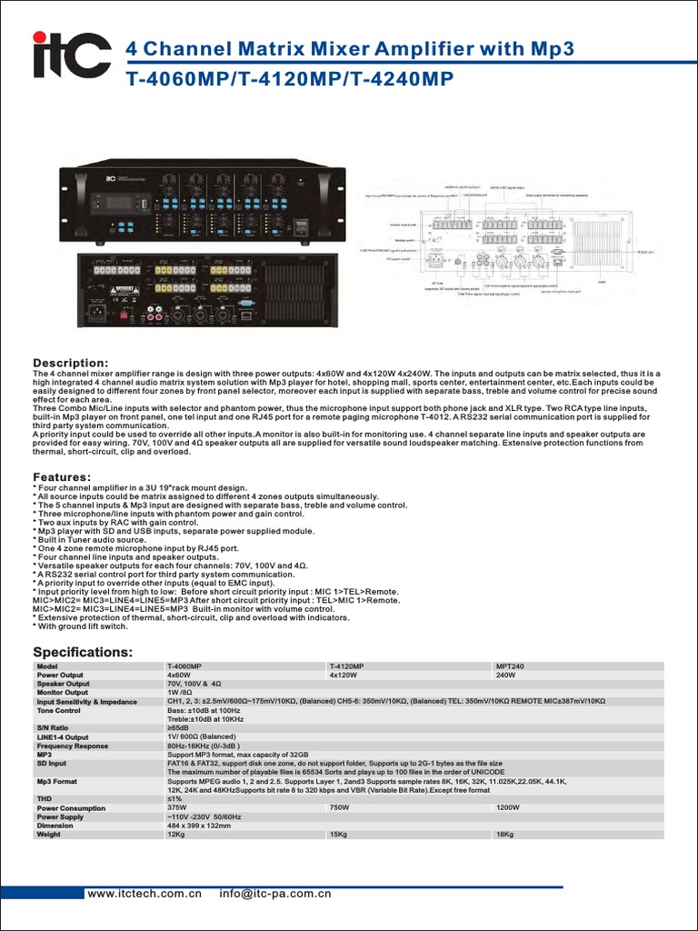 4 Channel Matrix Mixer Amplifier With Mp3 T-4060MP/T-4120MP/T-4240MP ...