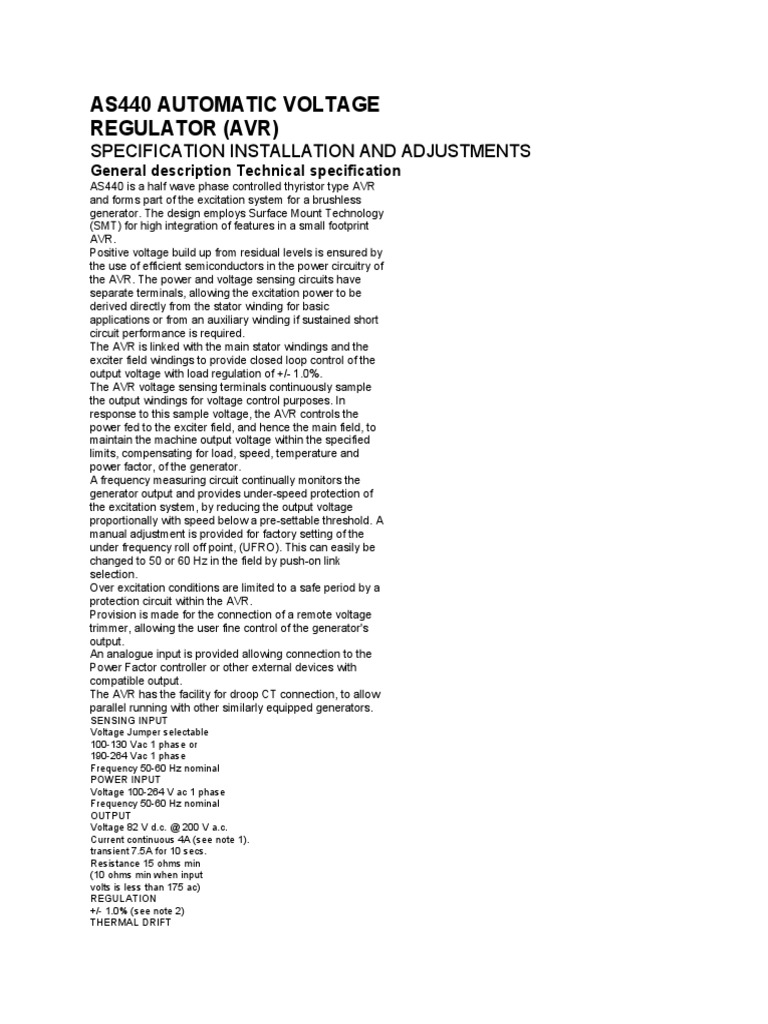 AS440 AVR Installation and Specs Guide | PDF | Electric Generator ...