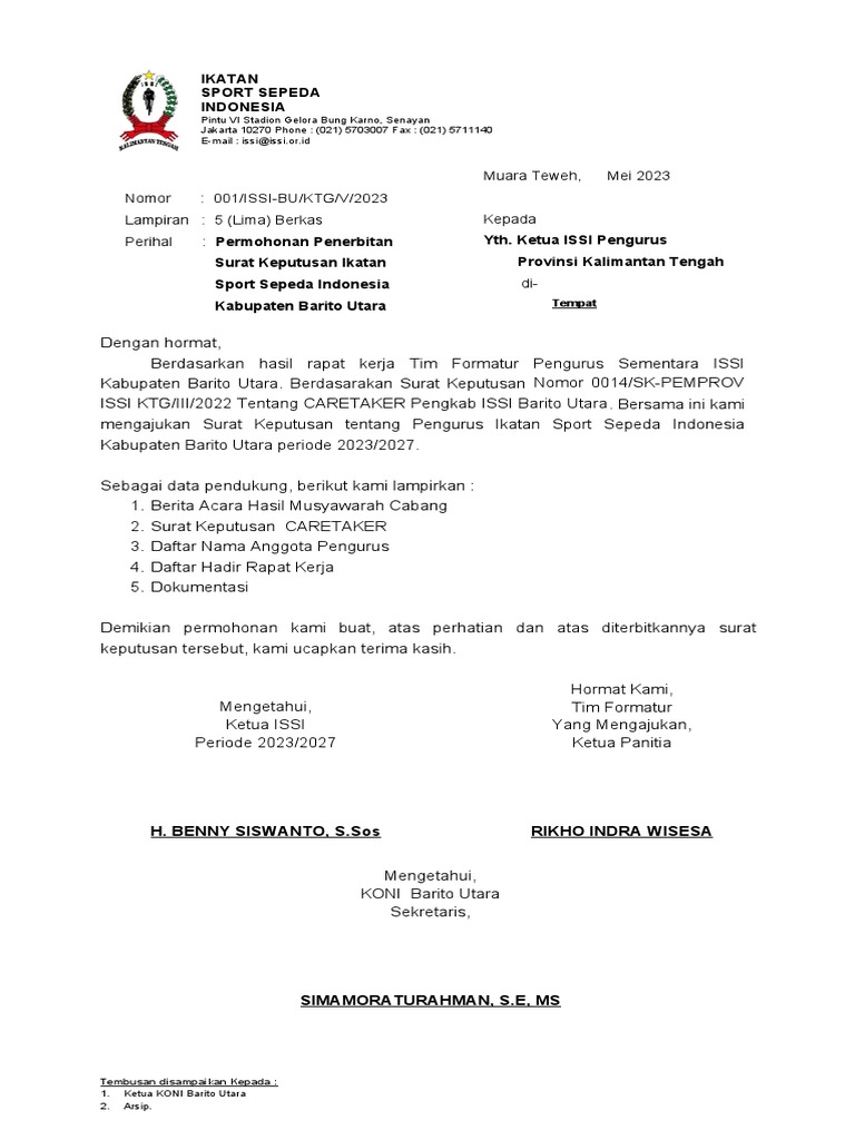 Surat Permohonan Diterbitkan SK ISSI Barut 2023 | PDF