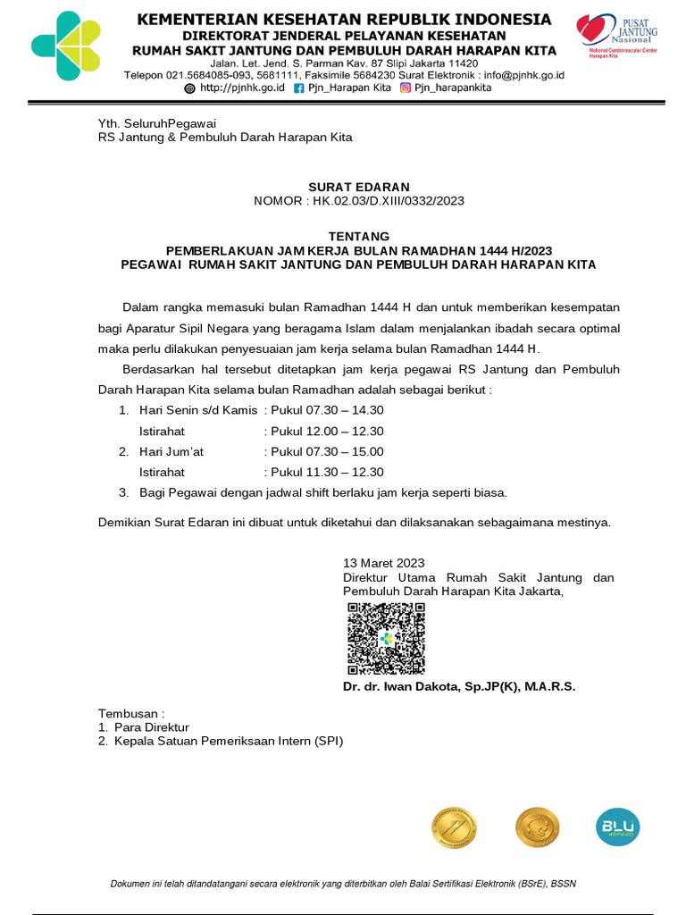 Surat Edaran Tentang Pemberlakuan Jam Kerja Bulan Ramadhan 1444 H - 230313 - 104927 | PDF