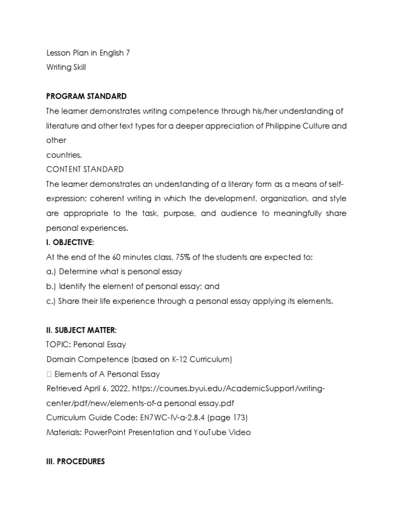 Lesson Plan | PDF | Essays | Lesson Plan