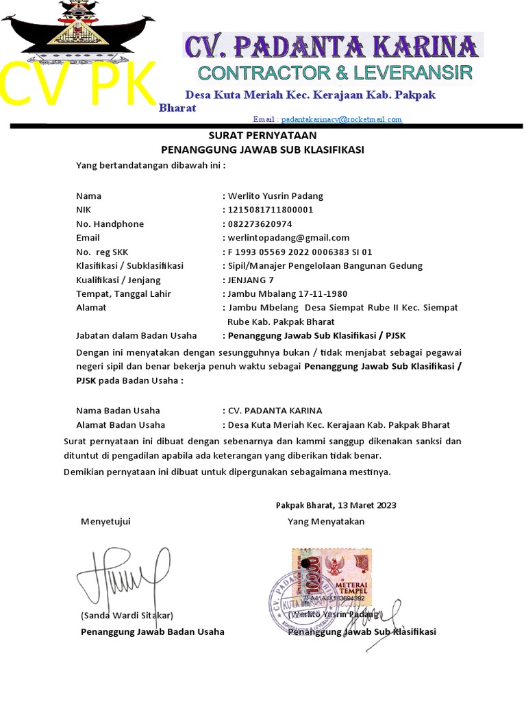 Surat Pernyataan PJSK | PDF