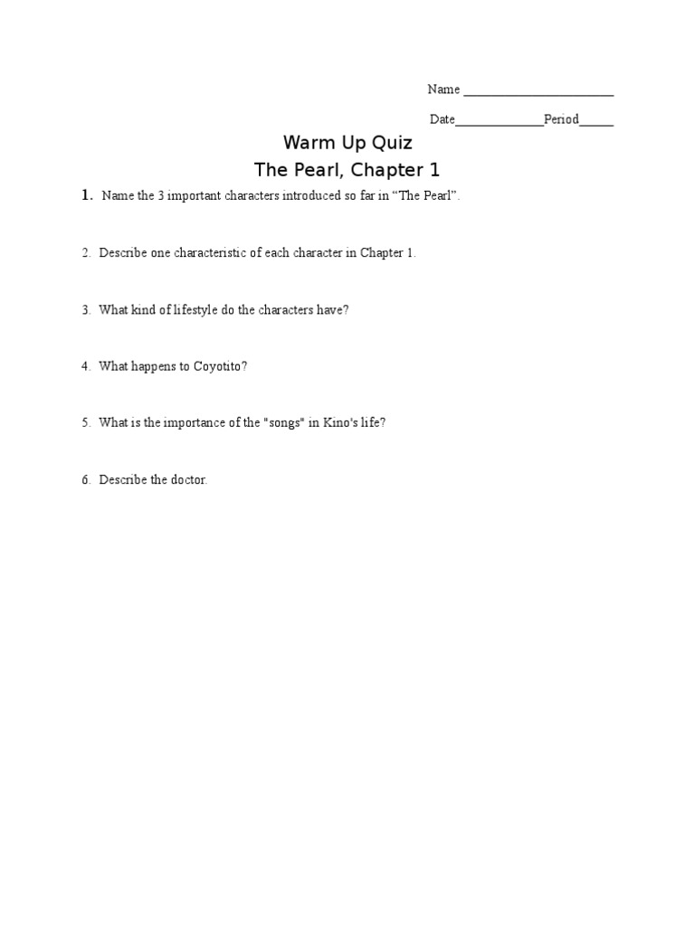 Warm Up Quiz The Pearl, Chapter 1 | PDF