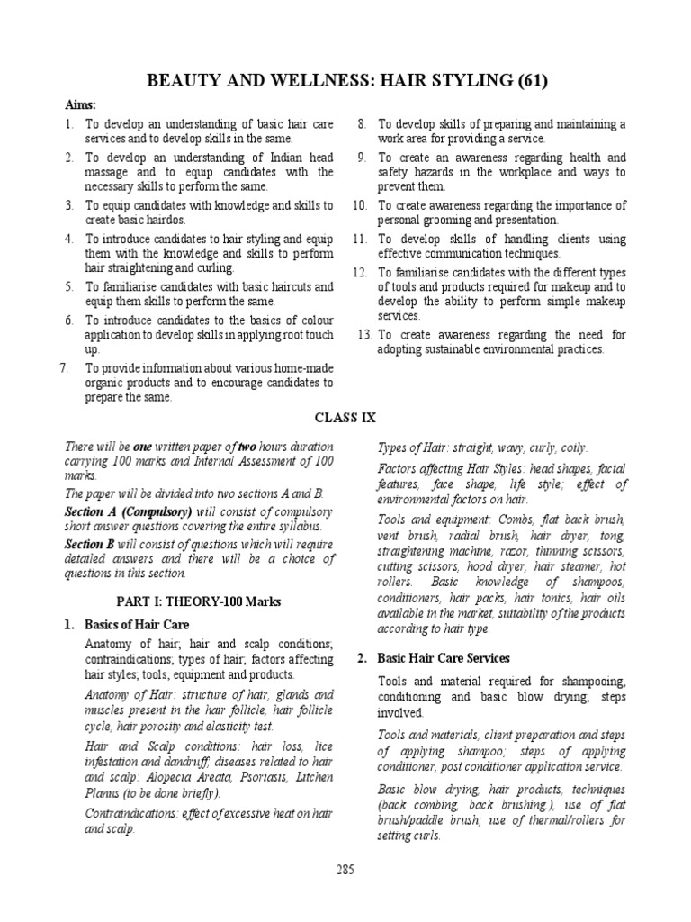Class 9 Beauty and Wellness Syllabus | PDF | Hairstyle | Hair