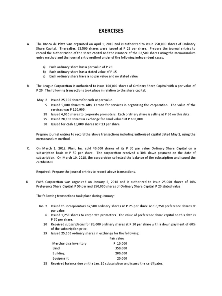 Exercises On Corporation Formation | PDF | Preferred Stock | Stocks