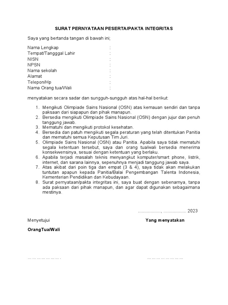 SURAT PERNYATAAN PESERTA OSN SMP | PDF
