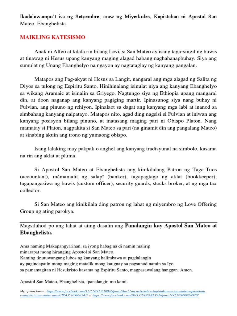 Katesismo - St. Matthew Sept. 21 | PDF