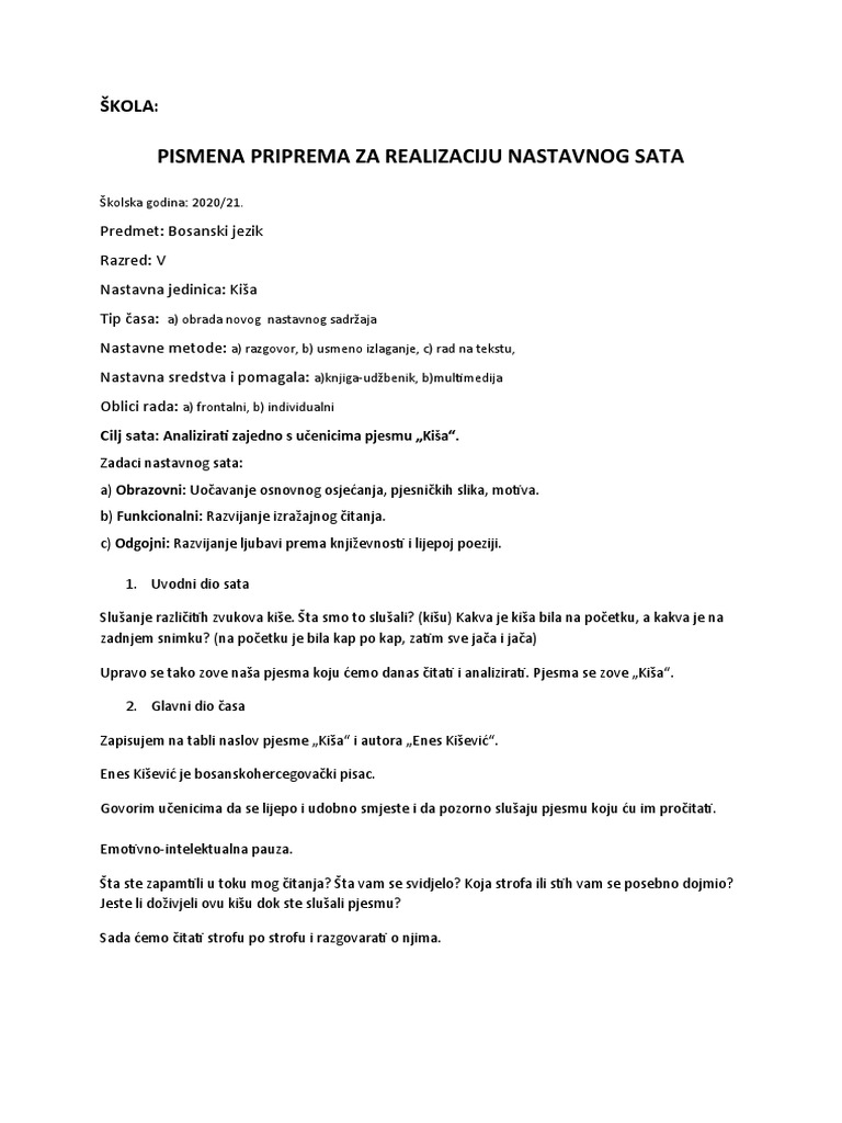 Bosanski Jezik - Kiša (Enes Kišević) | PDF