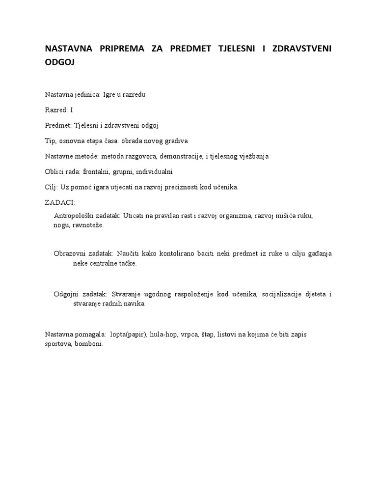 Igre U Razredu - Tjelesni I Zdravstveni Odgoj | PDF