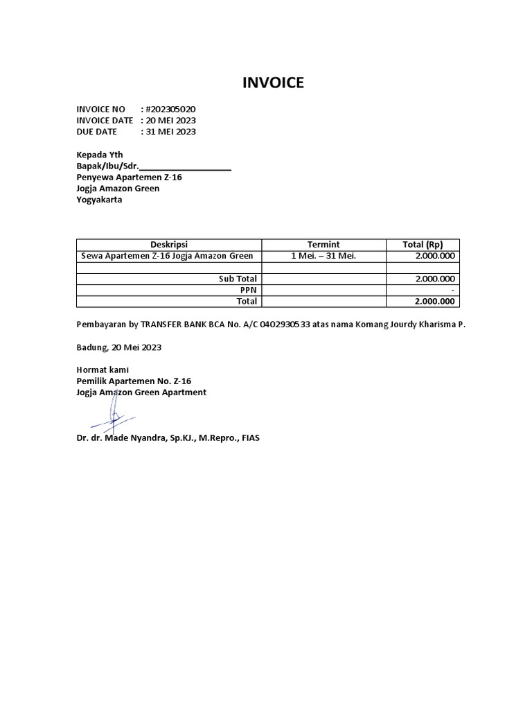 Invoice Sewa Apartemen Z-16 | PDF