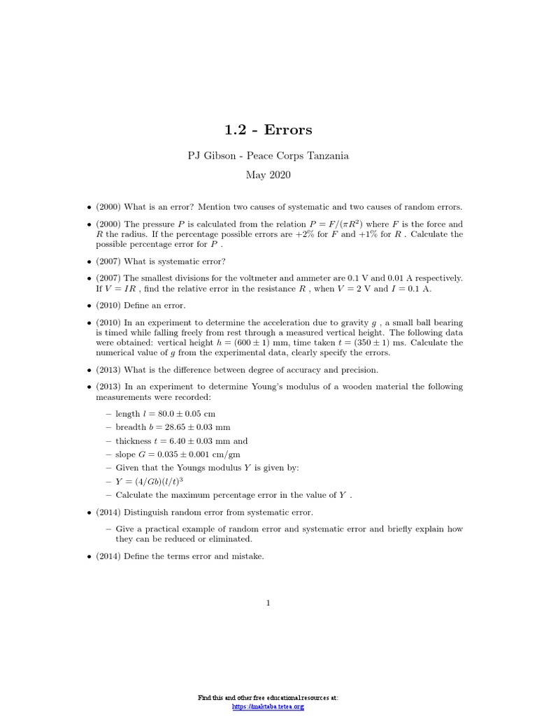 ACSEE Physics F5 T1 S2 Errors | PDF | Observational Error | Significant Figures