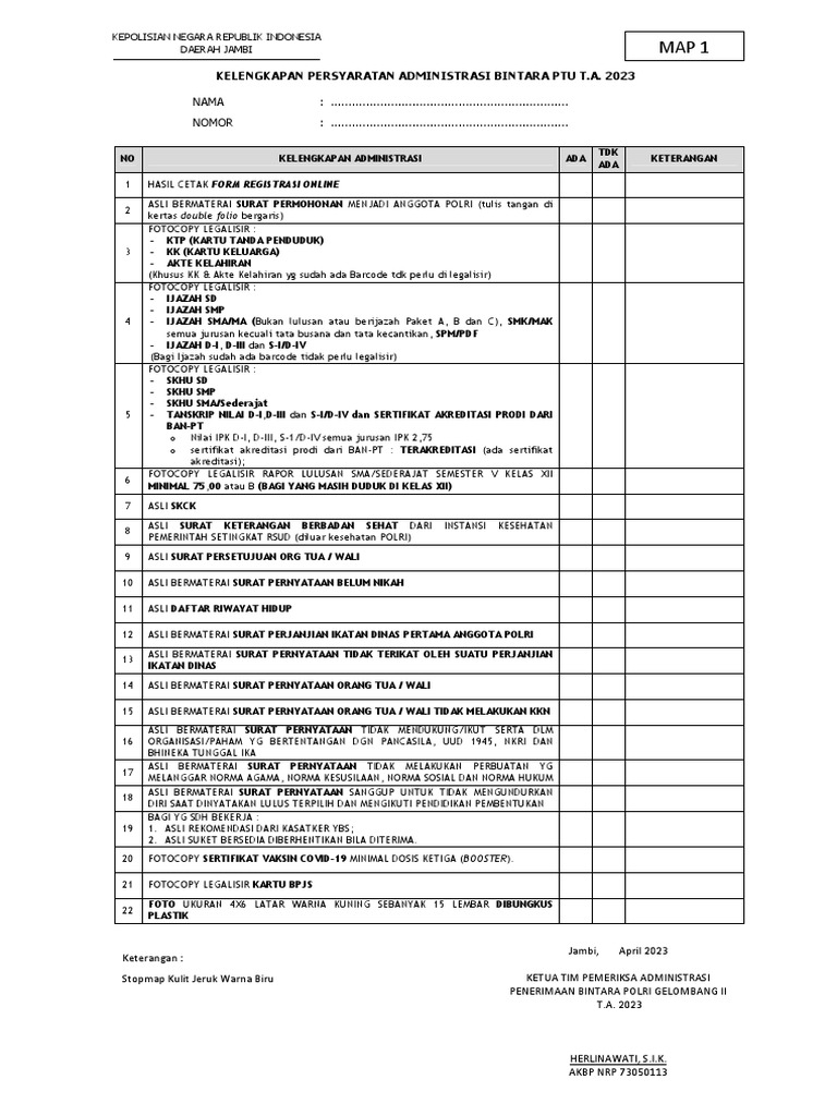 2.1. Lembar Ceklist Map Bintara Ptu 2023 | PDF