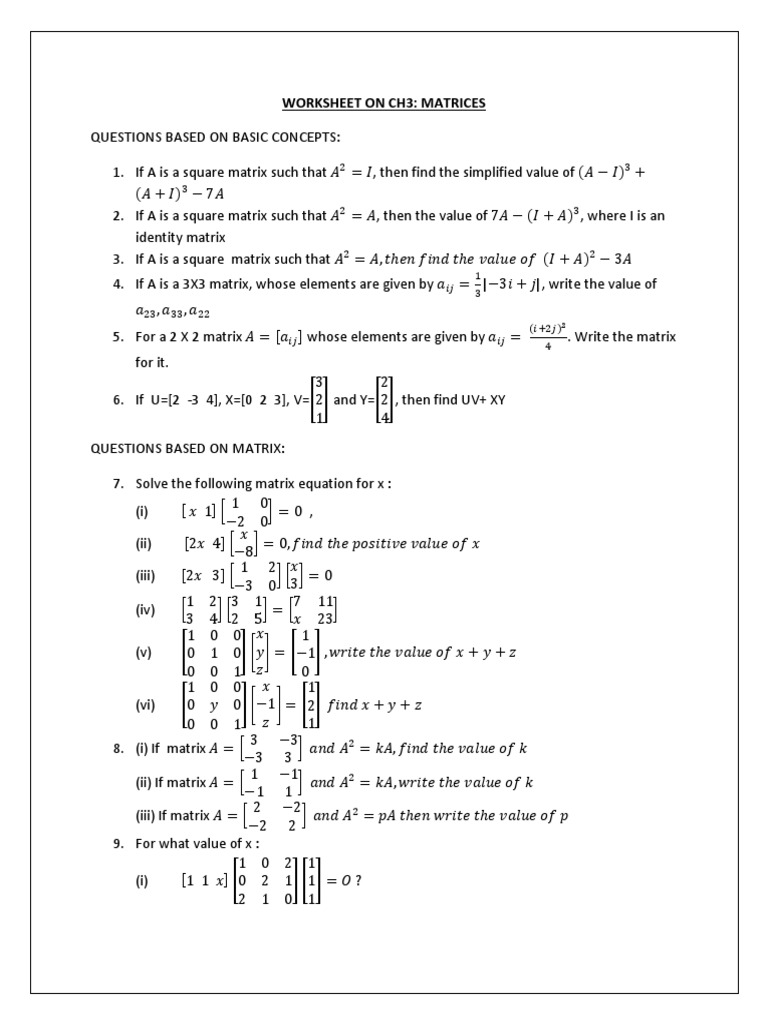 Worksheet On CH3 Matrices | PDF | Matrix (Mathematics) | Linear Algebra